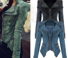 Sharp Power Studded Shoulder Notched Lapel Denim Jeans Tuxedo Coat ...