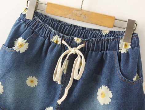 Daisy Print Drawstring Denim Shorts on Luulla