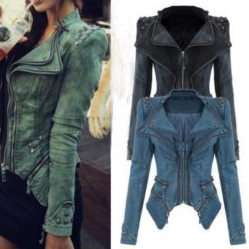 Sharp Power Studded Shoulder Notched Lapel Denim Jeans Tuxedo Coat ...