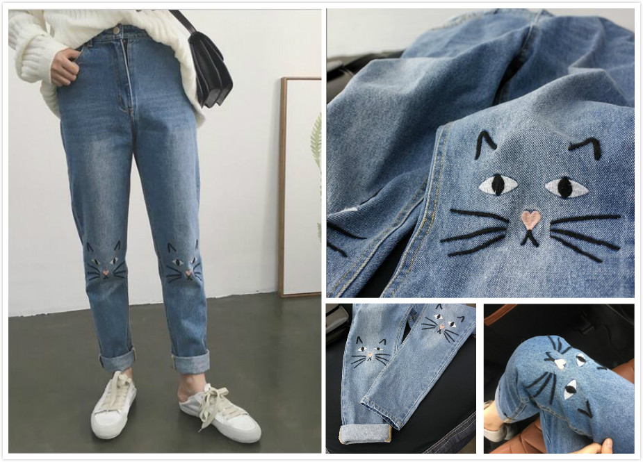 High Waist Jeans Featuring Cat Embroidery on Luulla